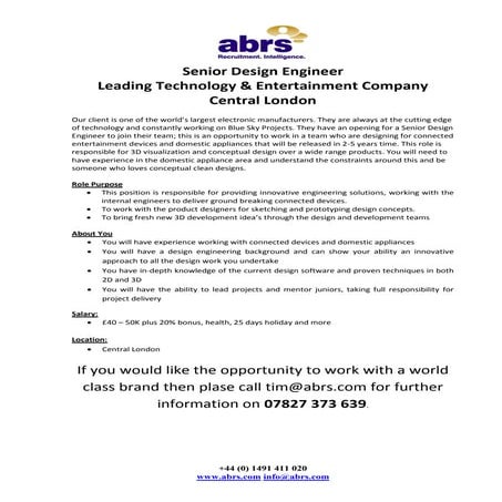 Senior Design Engineer job in London, see @tim_abrs | PDF