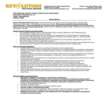 Senior HR Generalist Position Open - Revolution Technologies | PDF ...