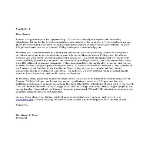 Senior letter 2011 | DOC | Undergraduate Education | College Education