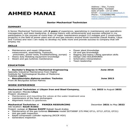 Resume senior mechanical Technician | PDF