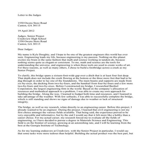 Senior Project Letter to the Judges | PDF