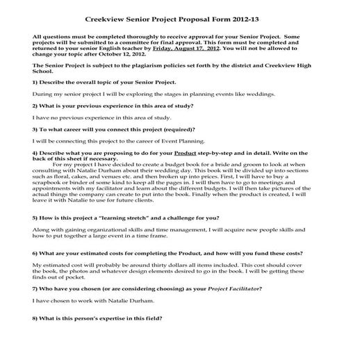 Senior Project Proposal Form 2012-13 | PDF