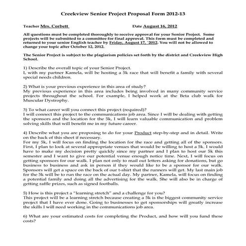 Senior Project Proposal Form 2012-13 | PDF