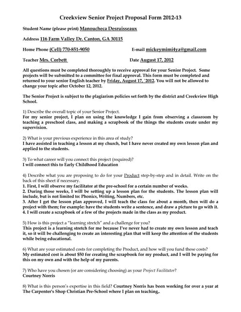 Senior Project Proposal Form | PDF | Daycare and Pre-School | Parenting