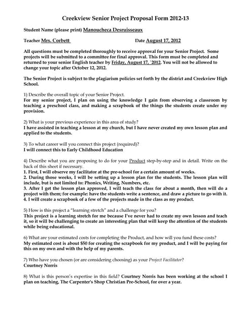 Hannah Homiller Senior Project Proposal Form | PDF