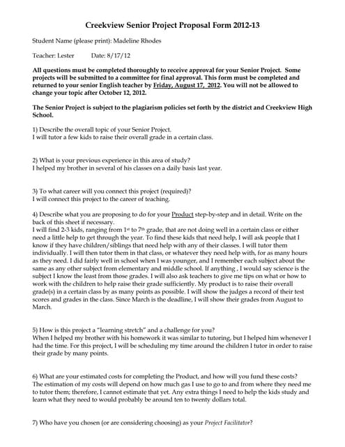 Hannah Homiller Senior Project Proposal Form | PDF