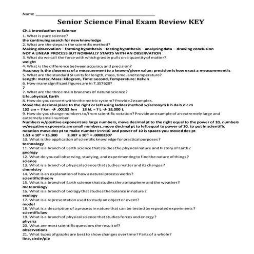 Senior Science Final Exam Review Key | PDF