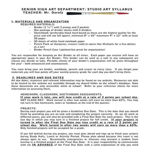 Senior High Studio Art Syllabus 2012 13 | PDF