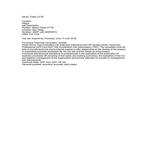 Senior Tester 2 Fte Den Haag | PDF