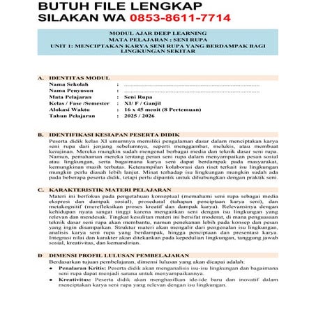 Modul Ajar Deep Learning SBK Seni Rupa Kelas 11 SMA Terbaru 2025 | DOCX