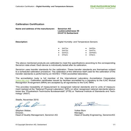 Sensirion humidity sensors_sh_txx_calibration_certification | PDF