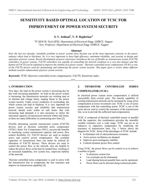 Sensitivity Based Optimal Location Of Tcsc For Improvement Of Power System Security Pdf