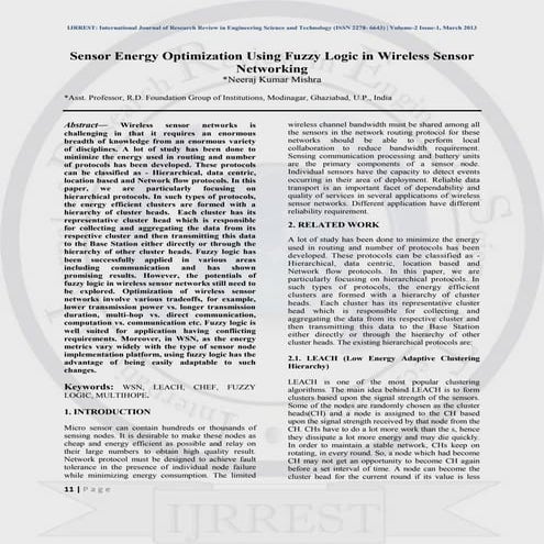 Sensor Energy Optimization Using Fuzzy Logic in Wireless Sensor Networking | PDF