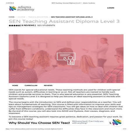Sen teaching assistant diploma level 3 - Adams Academy | PDF