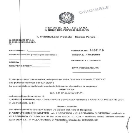 Sentenza penale Tribunale di Vicenza 1482/2019 | PDF
