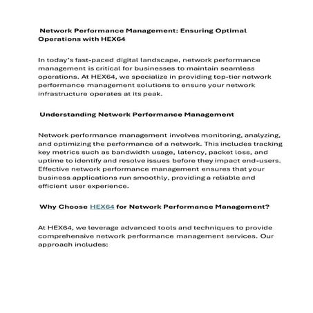 Network Performance Management: Ensuring Optimal Operations with HEX64 | PDF