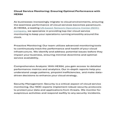 Cloud Service Monitoring: Ensuring Optimal Performance with HEX64 | PDF