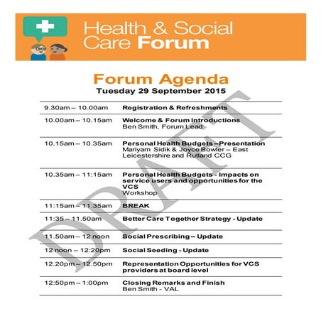 Health & Social Care VCS Forum Draft Agenda September 2016 | PDF