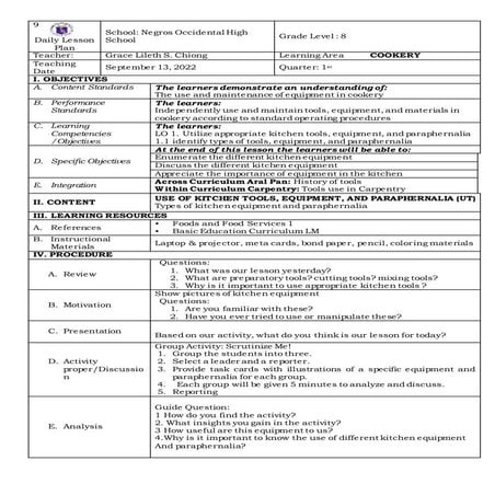 Detail Lesson Log in Cookery Grade 8 Quarter 1 Week 7 | DOCX