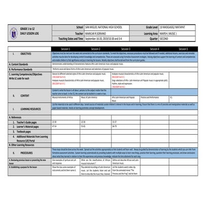 Music Grade 10 3rd Quarter learning plandocx | DOCX