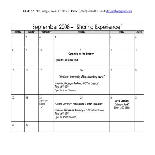 September 2008 Calendar | DOC | Factual | Genres