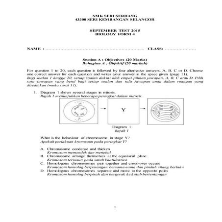 September 2015 biology form 4 test | PDF