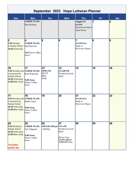September 2024 Calendar of Events Hope Lutheran Church Floodwood | PDF