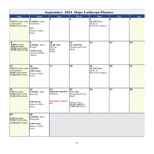 September 2024 Calendar of Events Hope Lutheran Church Floodwood | PDF