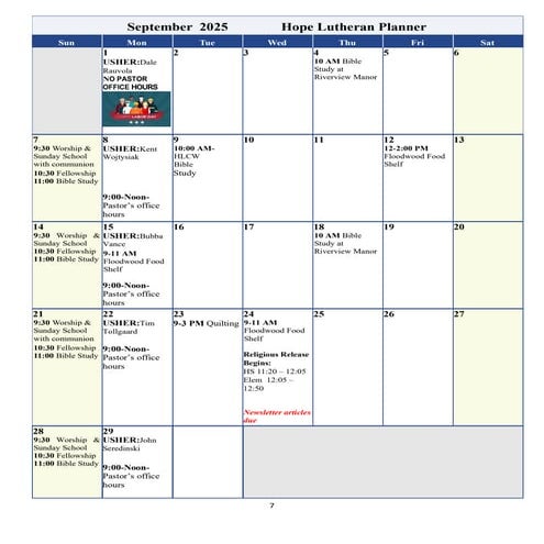 September 2025 Calendar of Events for Hope Lutheran Floodwood MN | PDF