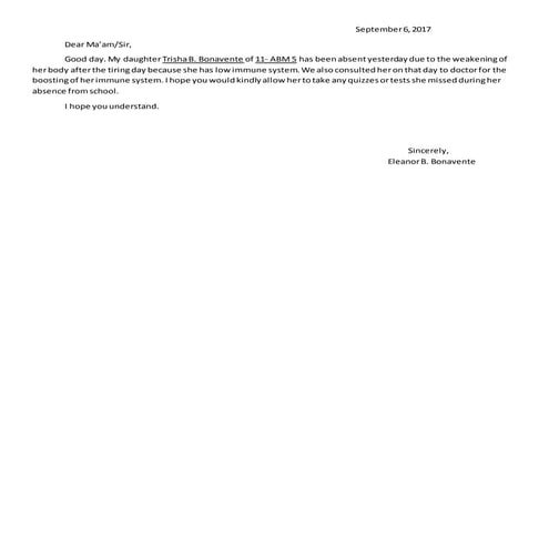 Excuse Letter in School | DOCX