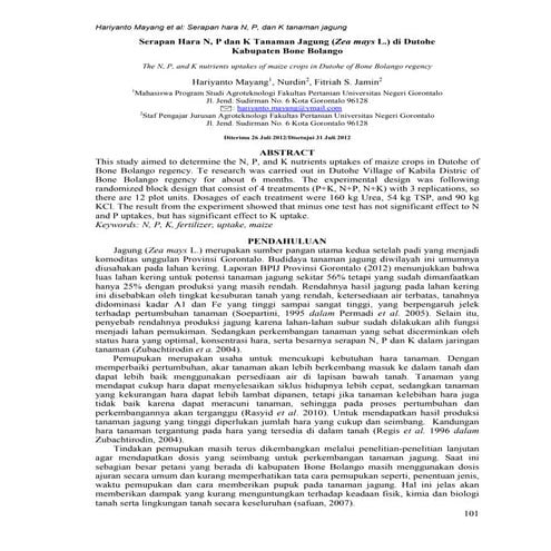 Serapan hara n, p dan k tanaman jagung (zea mays l.) di dutohe agustus 2012 | PDF