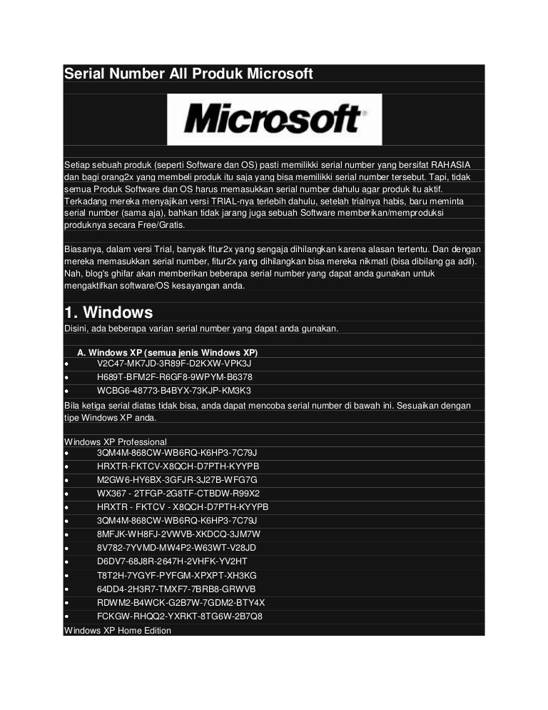 Serial number all produk microsoft