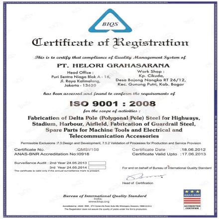 Sertifikat ISO 9001 2008 PT. Helori | PDF
