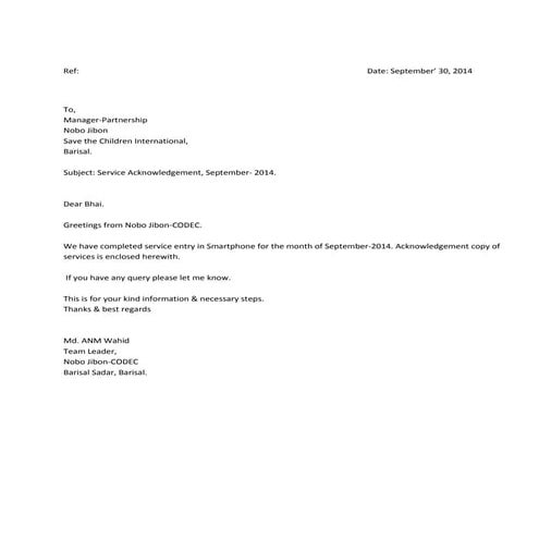 Service acknowledgement, july'13 | DOC