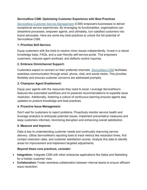 Servicenow Csm Optimizing Customer Experience With Best Practices Pdf