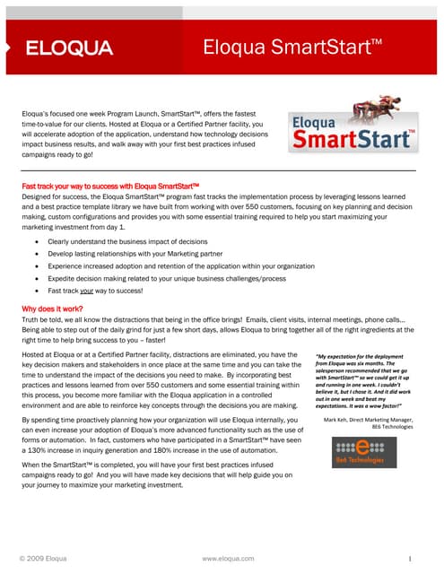Eloqua datasheet quick_start_vs_smartstart | PDF | Email | Internet