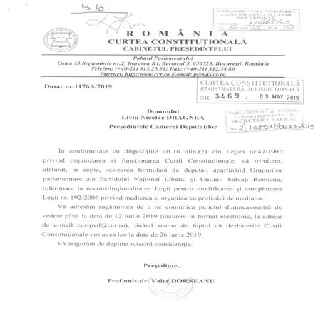 Sesizare neconstituționalitate proiect de lege privind modificarea legislației privind medierea ...
