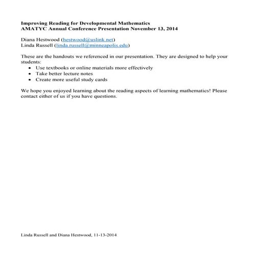 Improving Reading for Developmental Mathematics Handouts | PDF