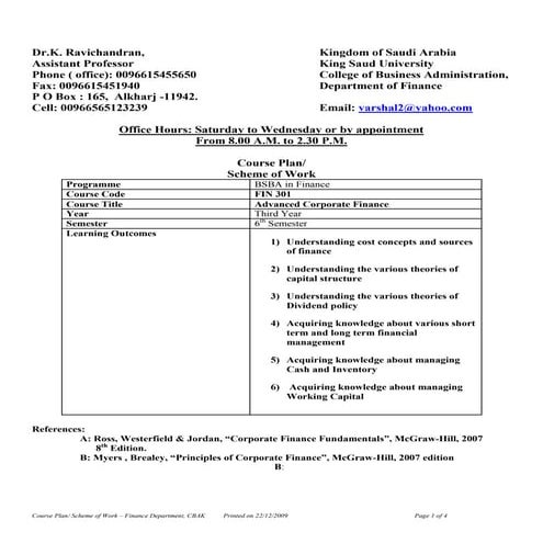 Session plan advanced corporate finance | PDF