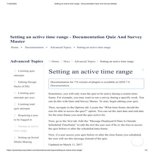 Setting an active time range documentation quiz and survey master | PDF