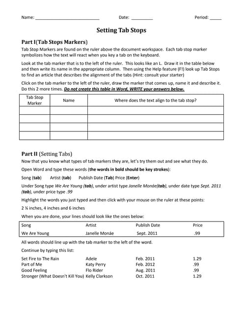 Setting Tab Stops Worksheet Docx Desktop Publishing Computer