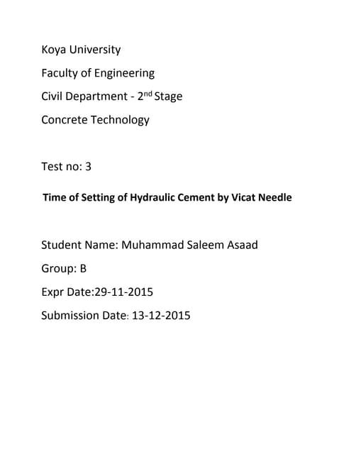 Experiment no 03 setting time of cement. | PDF