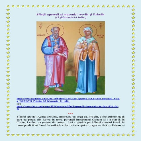 Sfinţii apostoli şi mucenici Acvila şi Priscila (13 februarie/14 iulie ...
