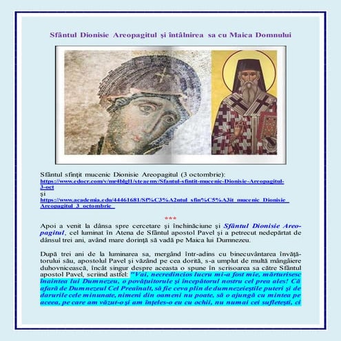 Sfântul Dionisie Areopagitul şi întâlnirea sa cu Maica Domnului | PDF