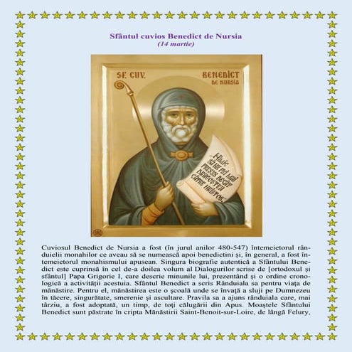 Sfântul cuvios Benedict de Nursia (14 martie) | PDF