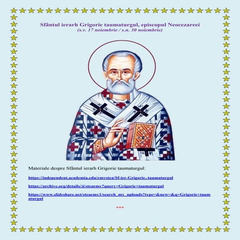 Sfântul ierarh Grigorie taumaturgul, episcopul Neocezareei (s.v. 17 ...