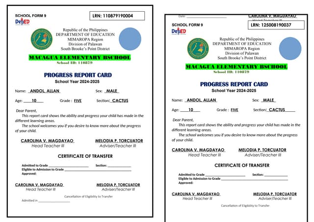 SF9 Card Grade I Sample Template 2025-2026 | DOCX