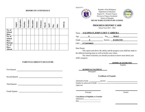 SF9 Card Grade I Sample Template 2025-2026 | DOCX