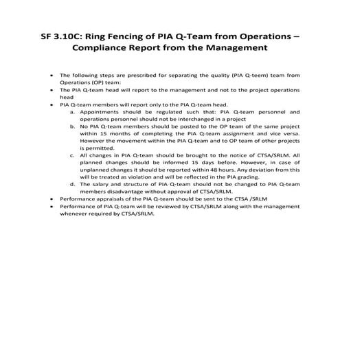 SF 3.10C Ring Fencing of PIA QTeam from Operations Compliance Report ...