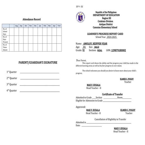 SF9 Card Grade I Sample Template 2025-2026 | DOCX